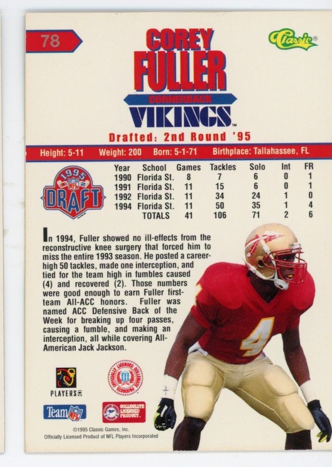 1995 Classic NFL Draft Silver Corey Fuller #78 Rookie RC | eBay