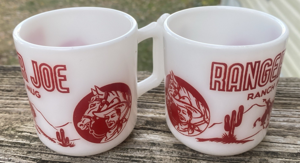1950's Milk Glass Ranger Joe Ranch Mug *Set of 2 Red Hazel Atlas ...