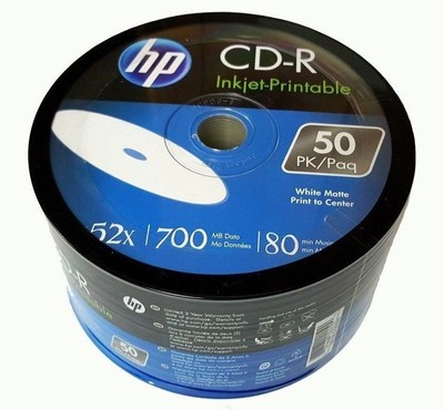 50 HP Blank CD-R CDR 52X 700MB 80Min White Inkjet Printable Recordable ...