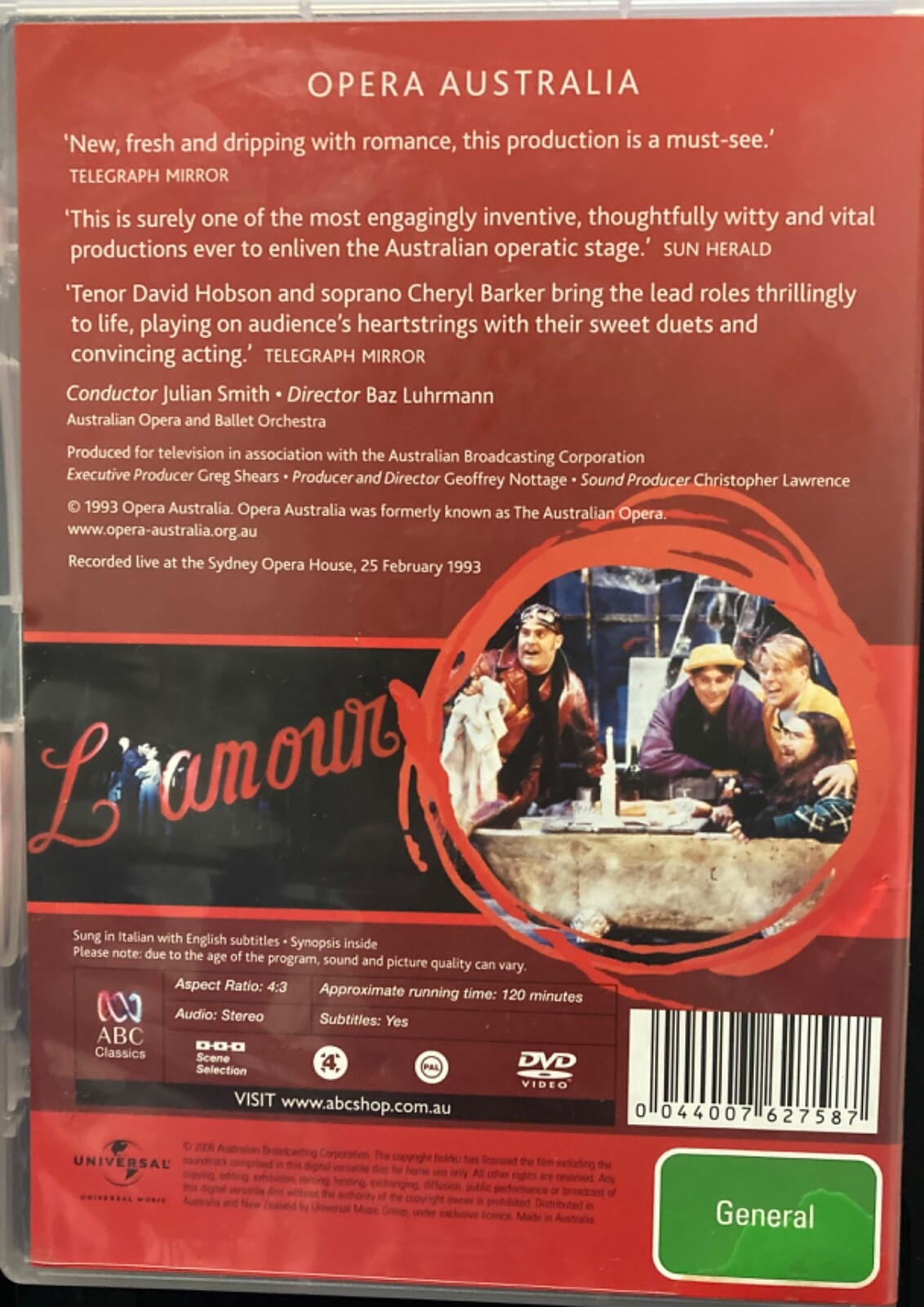 Opera Australia's La Boheme 1993 DVD Baz Luhrmann Cheryl Barker ABC ...