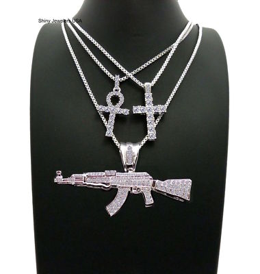 MENS SILVER MACHINE GUN AK47 CHOPPER ,CROSS ANKH BOX CHAIN 3 NECKLACE ...