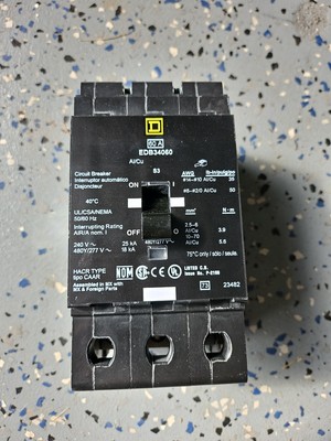 Square D EDB34060 60 Amp 3 Pole 277/480V Circuit Breaker, 60A Bolt on ...