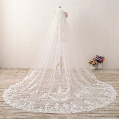 White wedding veil lace detail around edges chapel length with comb 90 ...