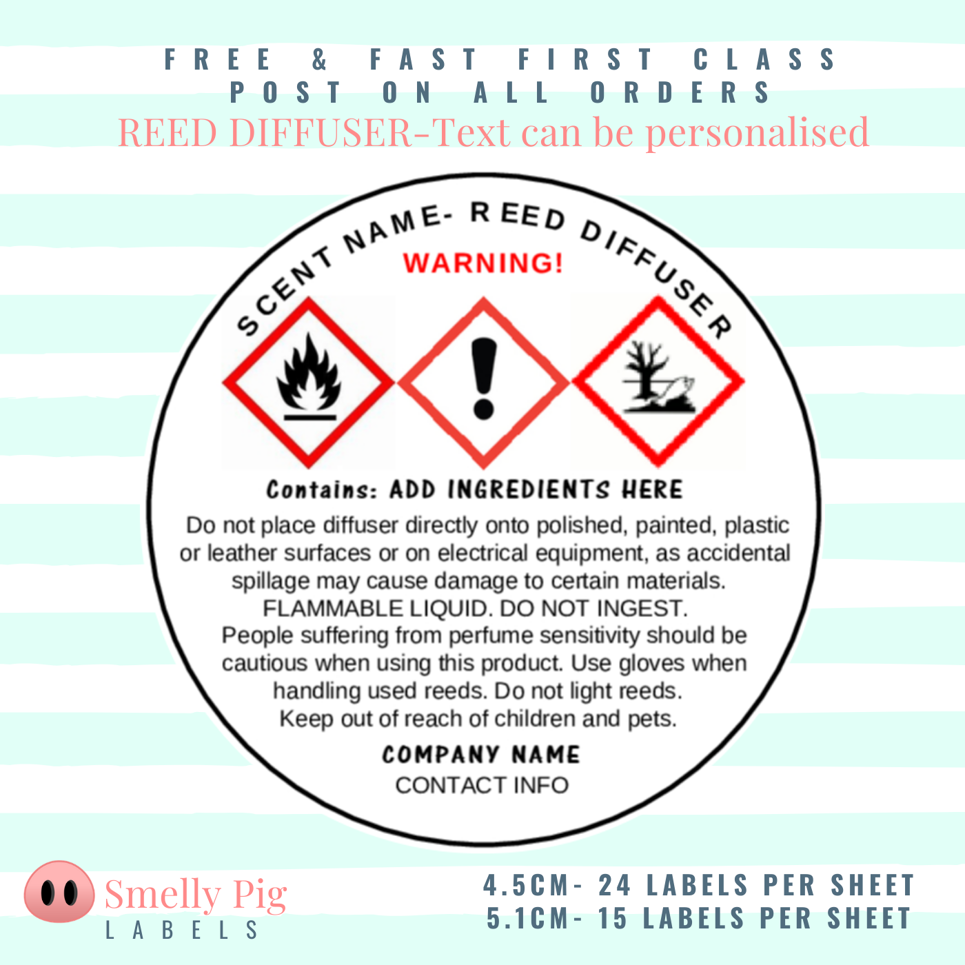 105 (7 sheets) x Personalised CLP Reed Diffuser Warning Labels Stickers ...