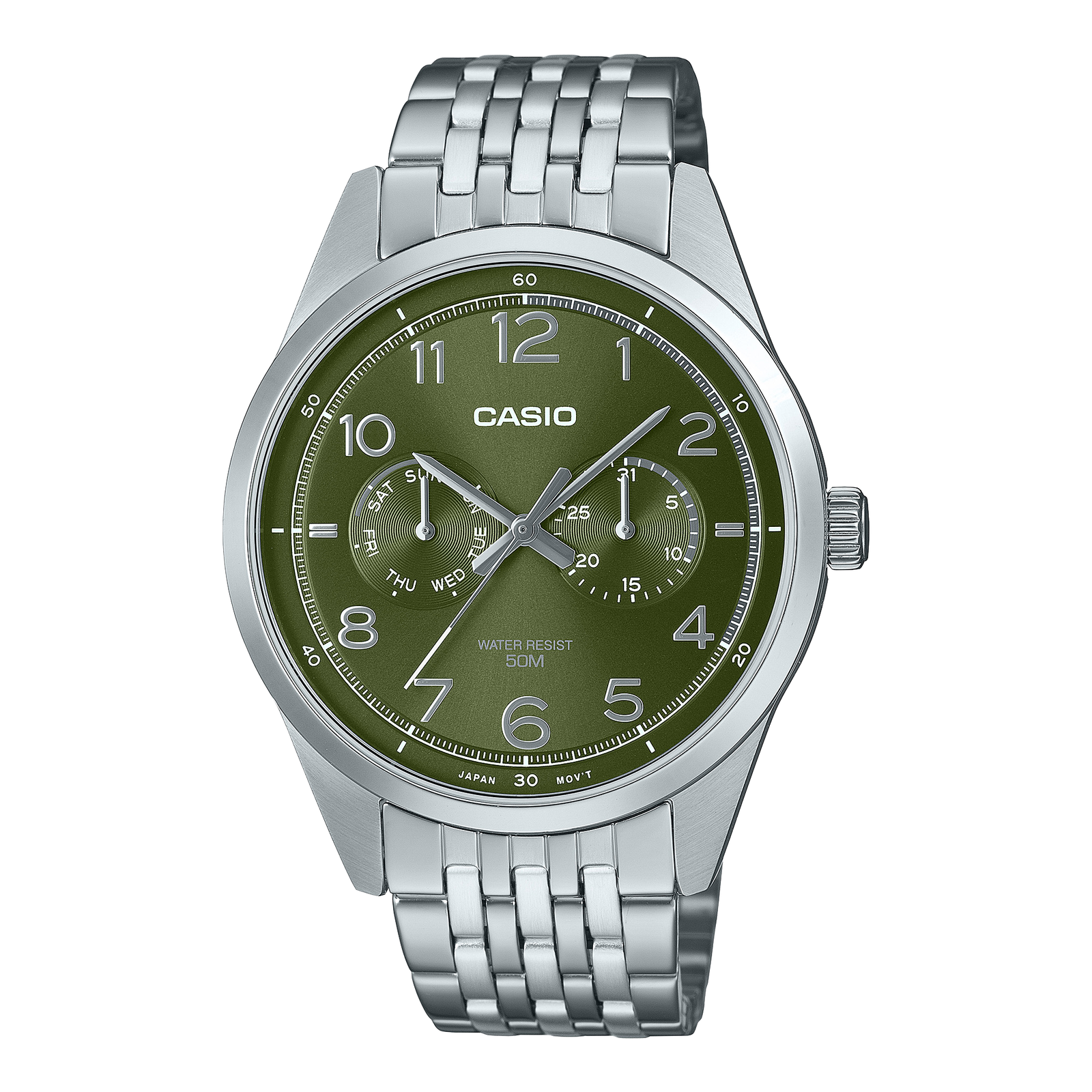 CASIO MTP-E340D-3AV GREEN DIAL DAY / DATE SUB-DIAL QUARTZ ANALOG WATCH ...