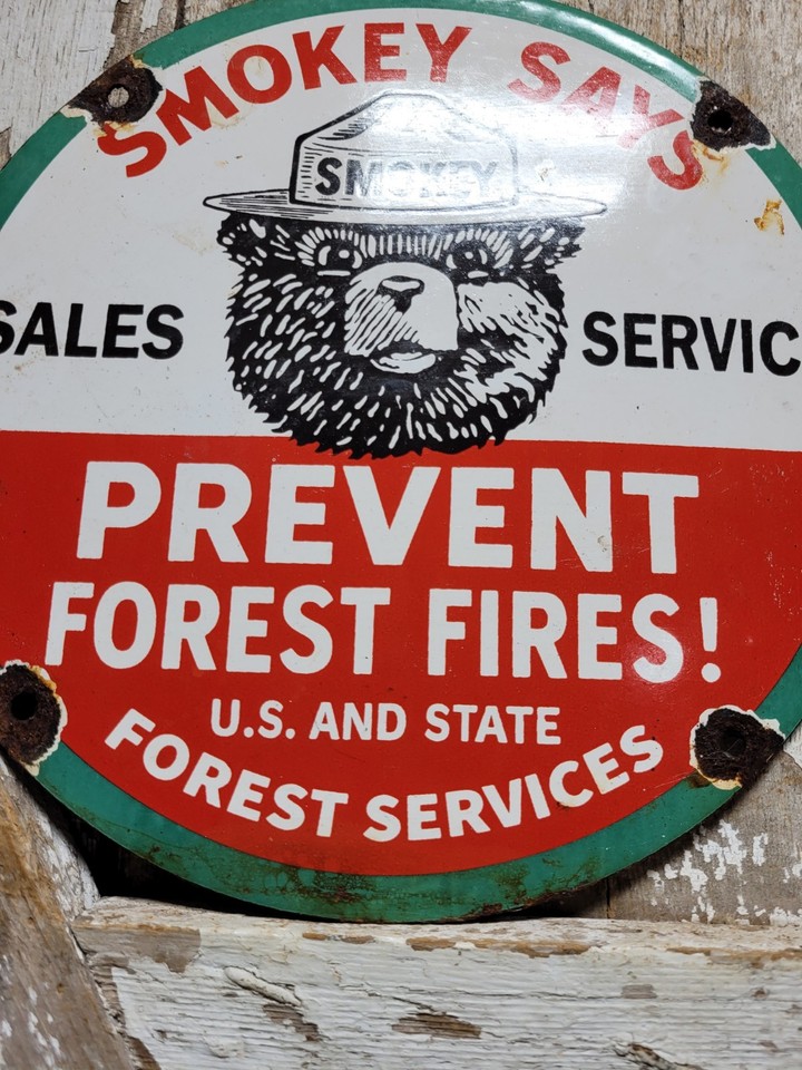 VINTAGE SMOKEY THE BEAR PORCELAIN SIGN OLD FOREST SERVICE PREVENT FIRES ...