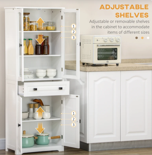 White Larder Unit Tall Kitchen Cupboard Display Glass Door Cabinet ...