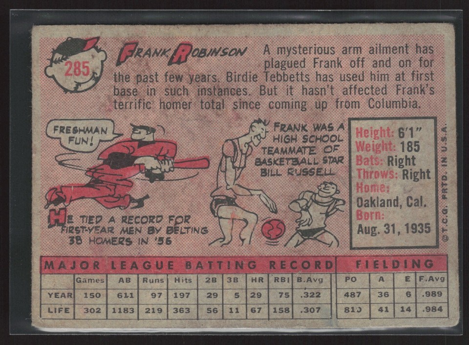 1958 TOPPS FRANK ROBINSON #285 REDS REDLEGS VINTAGE BASEBALL CARD | eBay