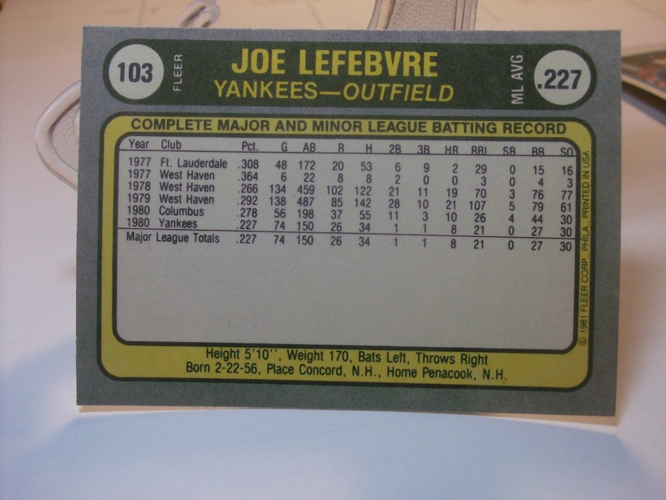 1981 Fleer Baseball #103 - Joe Lefebvre RC - New York Yankees (98862 ...