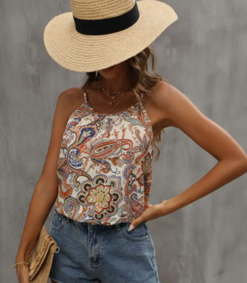 Ladies Boho Floral Sleeveless Pleated Cami Tops S, M, L or XL | eBay