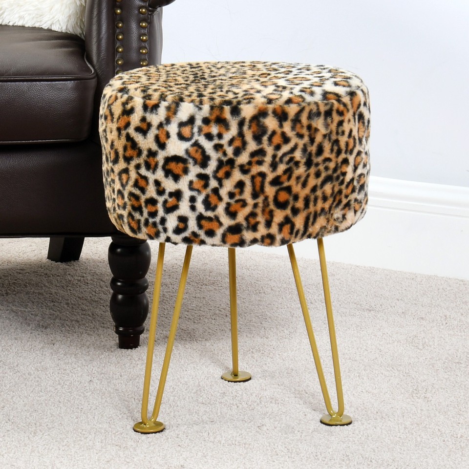 HST Leopard Print Ottoman Faux Fur Footrest Bench Stool Accent Chair ...