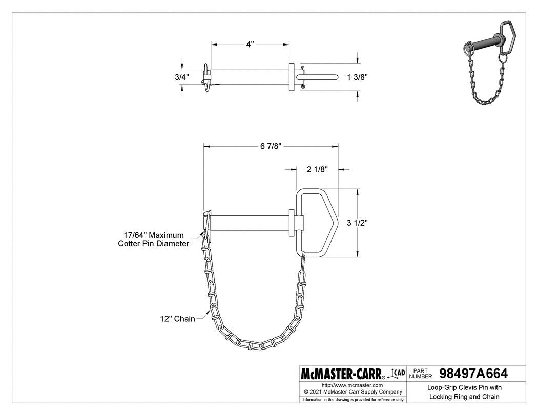 Loop-Grip Clevis Pin w/Locking Ring & Chain, 1541 Carbon Steel, 3/4 ...
