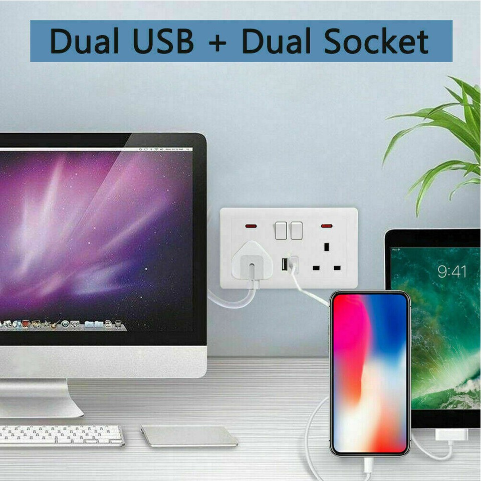 1-5PC Double Wall Plug Socket 2 Gang 13A 2 Charger USB Ports Outlets ...