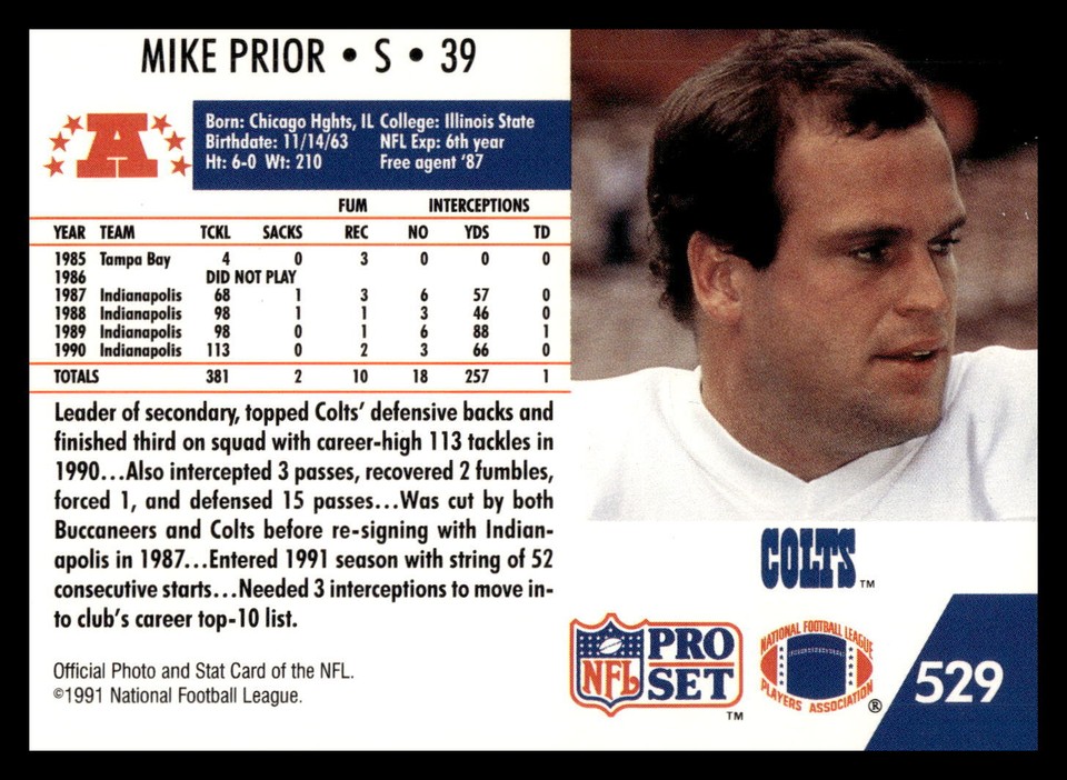 1991 Pro Set #529b Mike Prior Indianapolis Colts COR Football NM | eBay