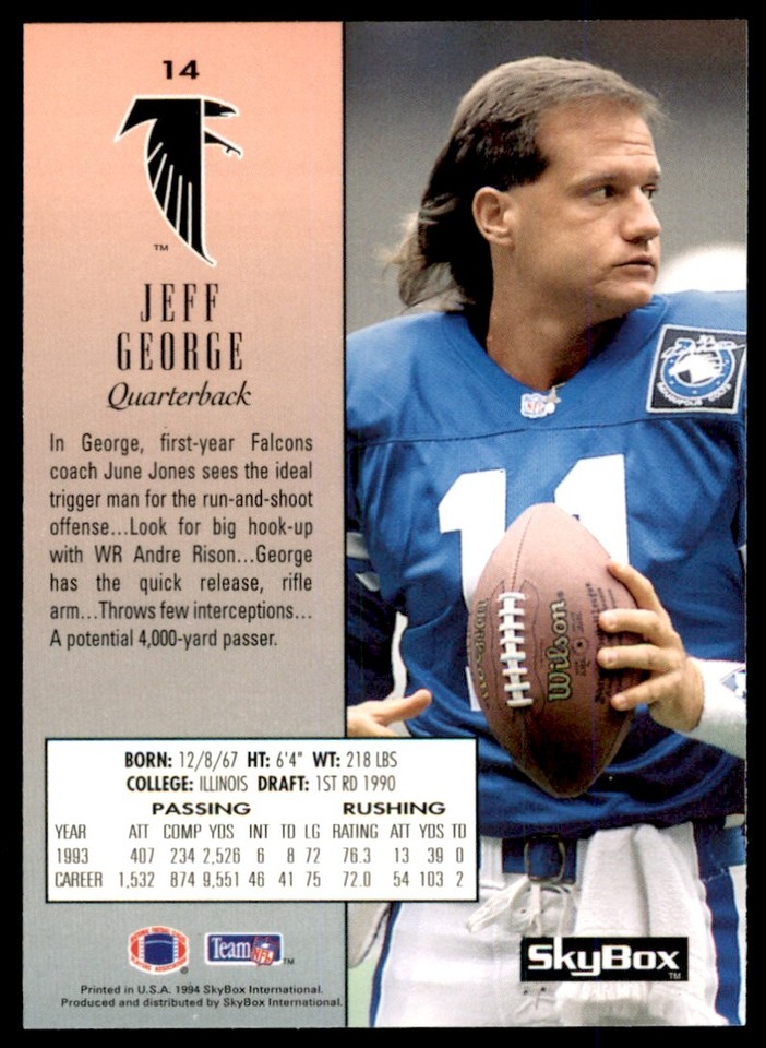 1994 SkyBox Premium Jeff George ONCARDIPAUTO Falcons #14 *Noles2148* | eBay