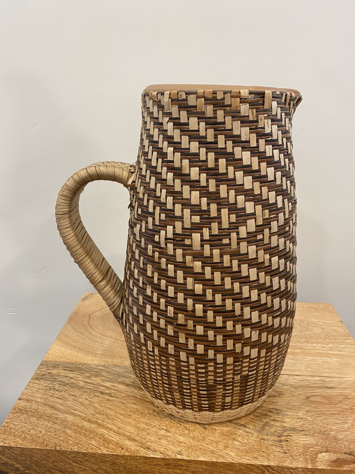 Vintage Clay Terracotta WICKER RATTAN Wrapped Pitcher Jug Vessel Handle ...