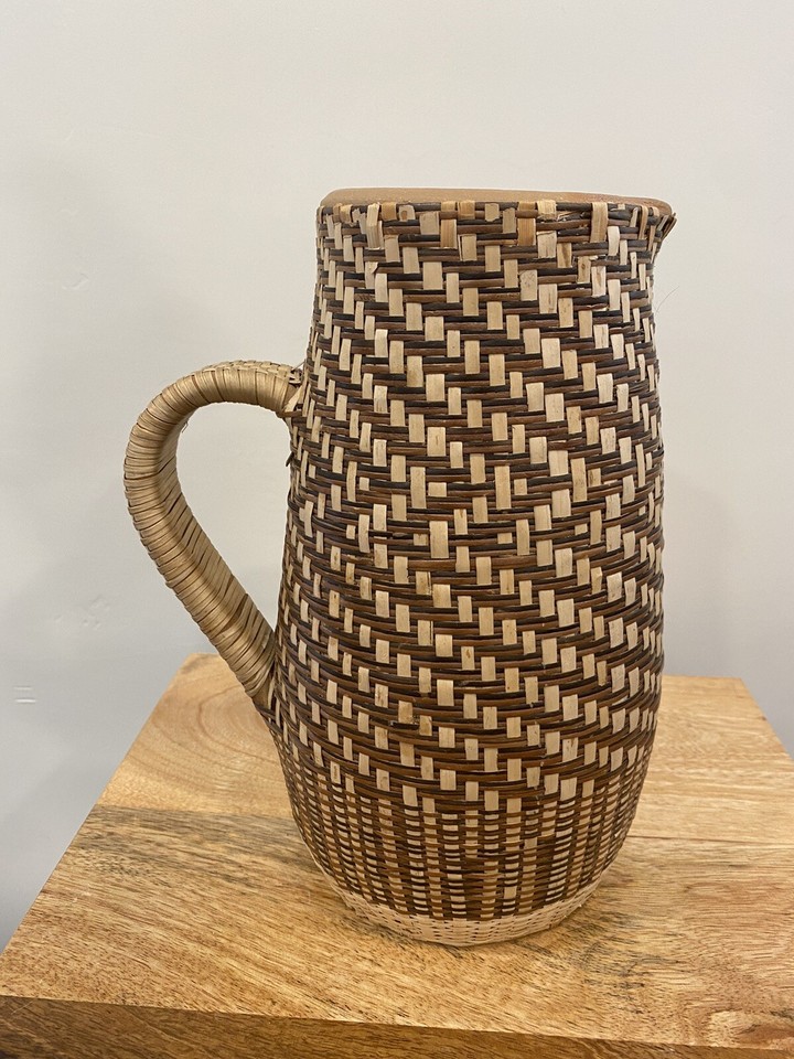 Vintage Clay Terracotta WICKER RATTAN Wrapped Pitcher Jug Vessel Handle ...