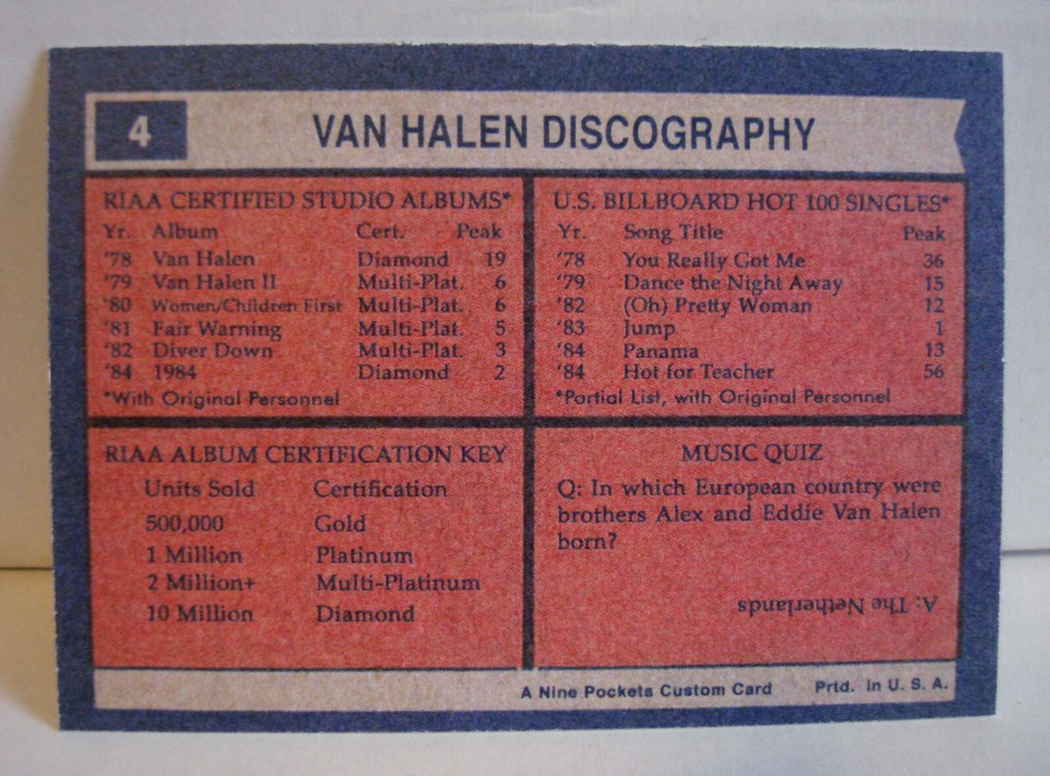 Van Halen Team Members: Custom-Designed Art Card #4 of 8 | eBay