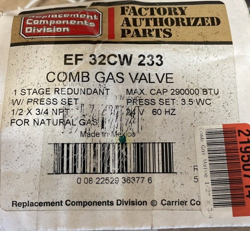 *Carrier EF 32CW 233 Replacement Furnace Gas Valve; 24 V; 60 Hz; 36C94 ...