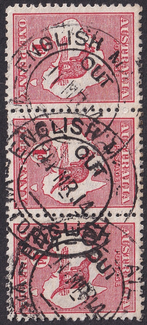 Victoria Roo 1d red strip of 3 canc. dc "ENGLISH MAIL T.P.O./OUT ...