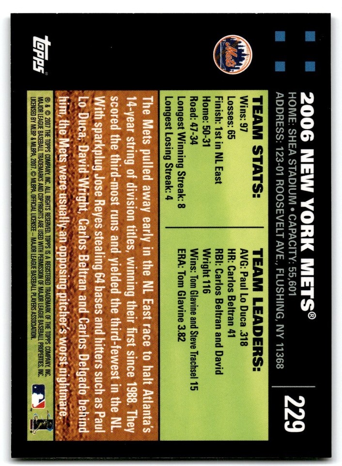 2007 Topps New York Mets New York Mets #229 | eBay