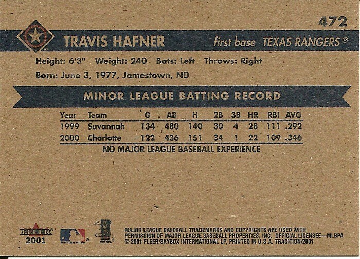 2001 Fleer Tradition Travis Hafner 472 Rangers | eBay