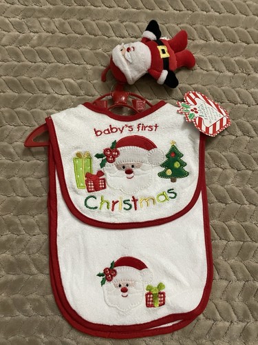 NWT Baby's first Christmas 3 Pc bib Burp Cloth Rattle Toy Set santa ...