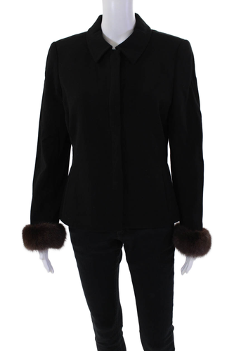 Akris Womens Wool Collared Sable Fur Trim Accent Short Jacket Black ...