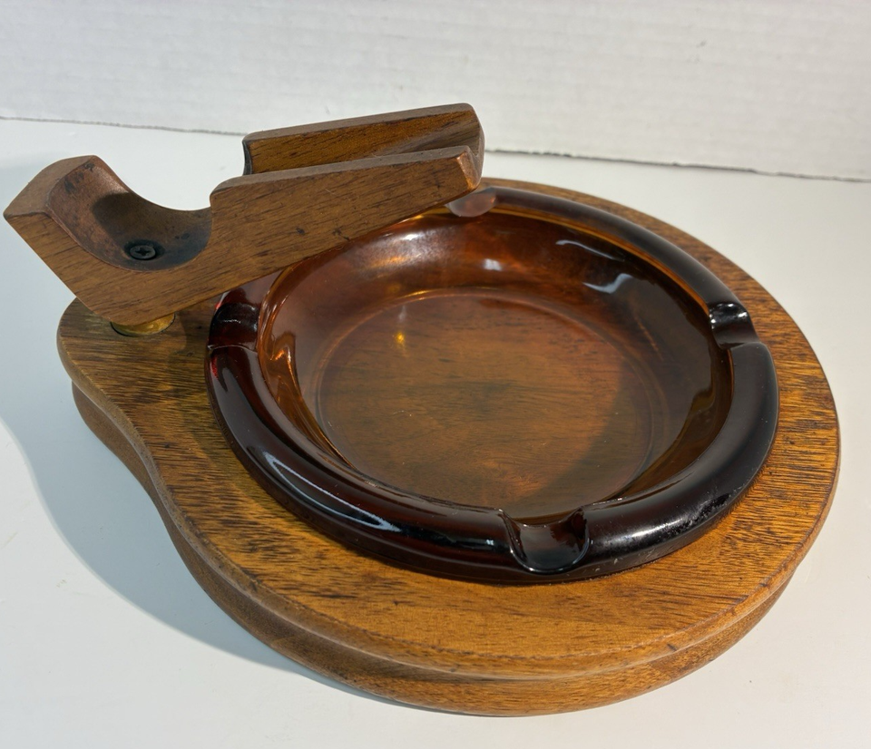 Vintage Decatur Industries Walnut Pipe Stand & Amber Glass Ashtray MCM ...