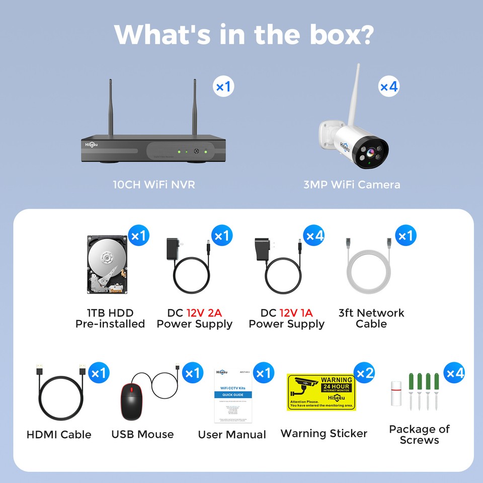 Hiseeu 3MP 10CH NVR Security Camera System WiFi Wireless One Way Audio ...
