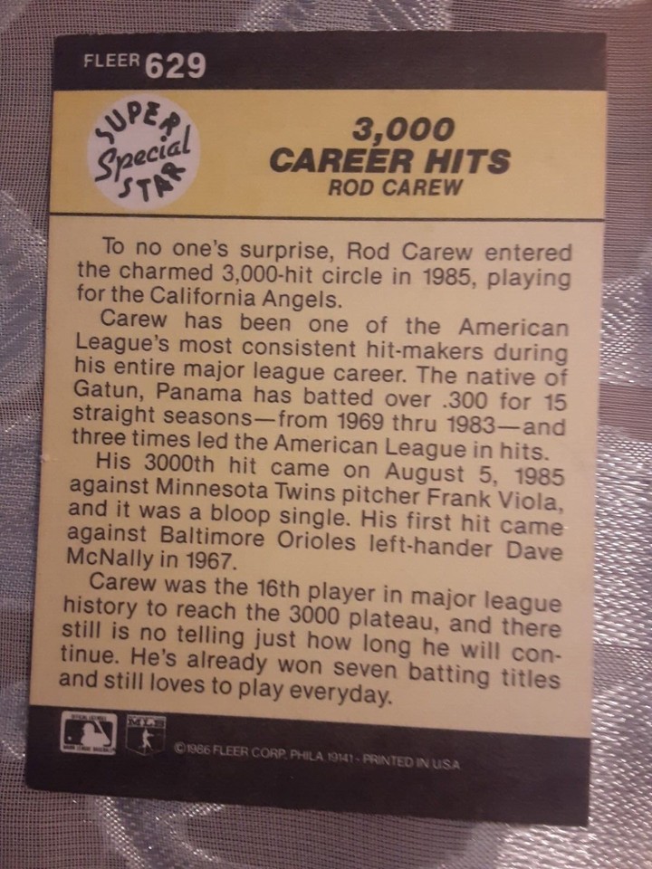 1986 Fleer Baseball Card # 629 - "SPECIAL" ROD CAREW - 3,000 HITS - HOF ...