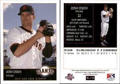 Josh Osich 2013 Grandstand San Jose Giants #15 RC Card *AutographDen ...