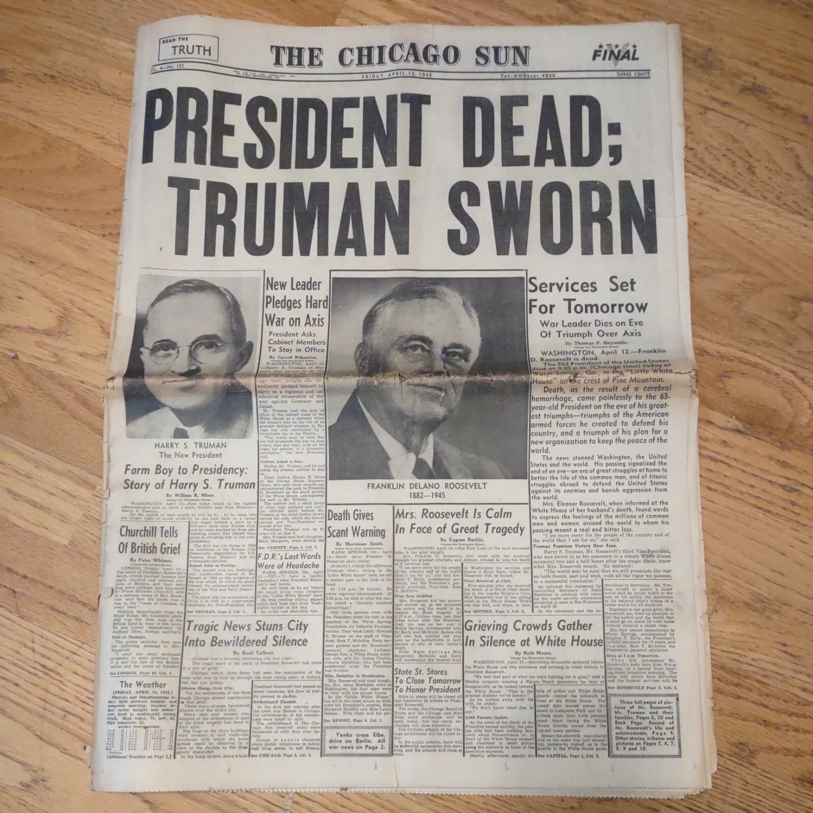 FDR Franklin Roosevelt Death 1945 Truman Sworn In Chicago Sun Newspaper ...