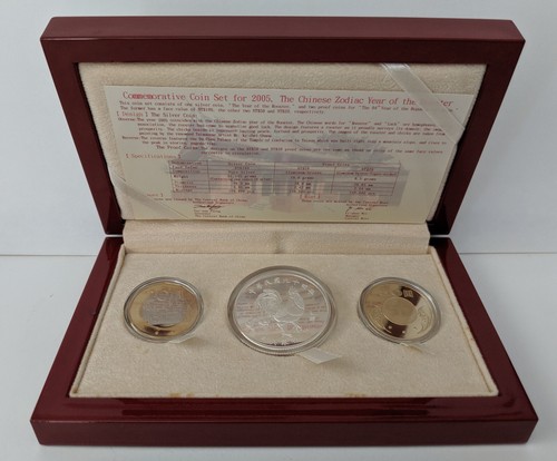China / Taiwan 2005 Year of the Rooster 3 coins set, one silver NT$100 ...