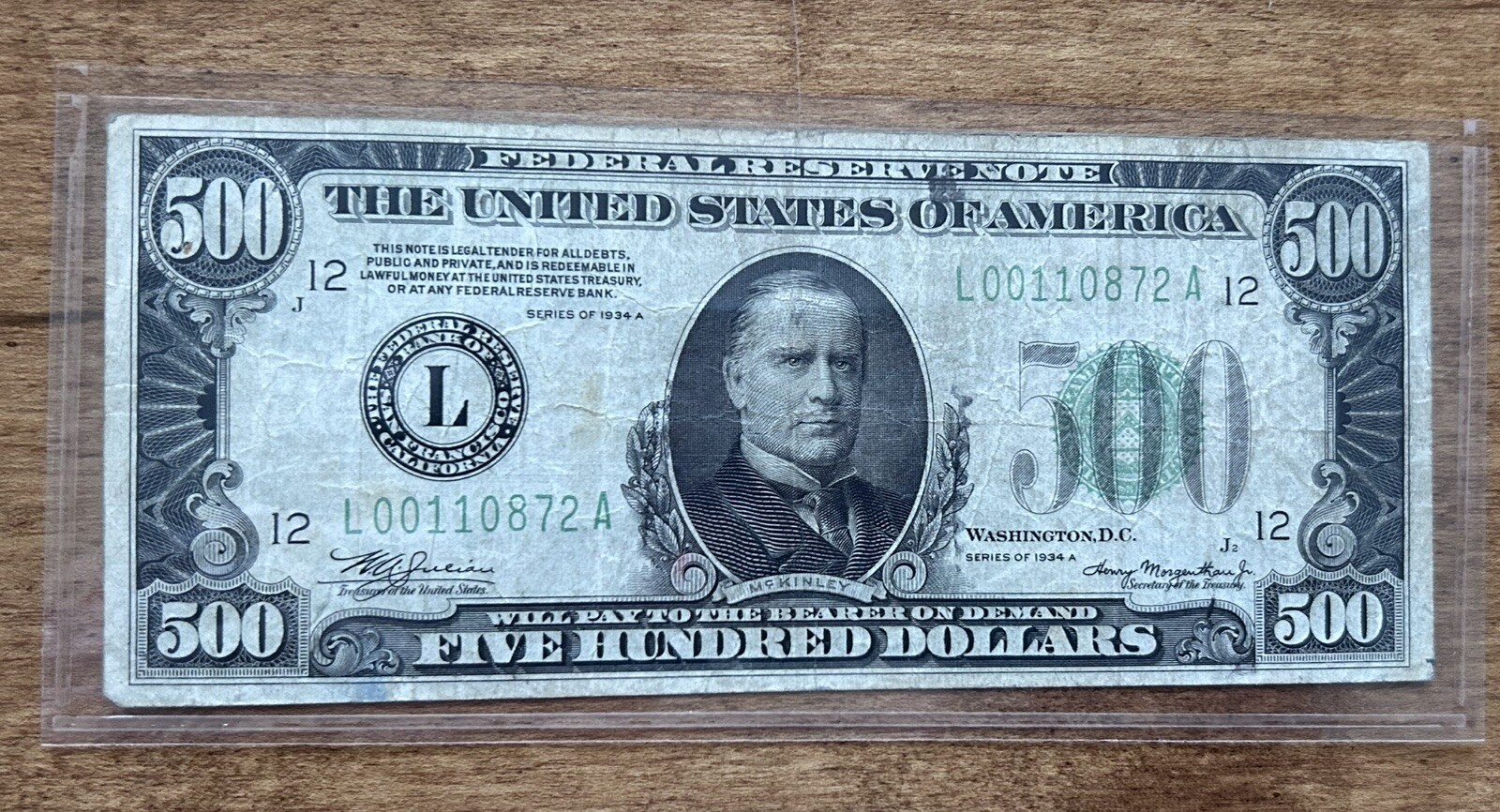 1934 A $500 Dollar Bill ~FEDERAL RESERVE BANKNOTE~ SAN FRANCISCO ...