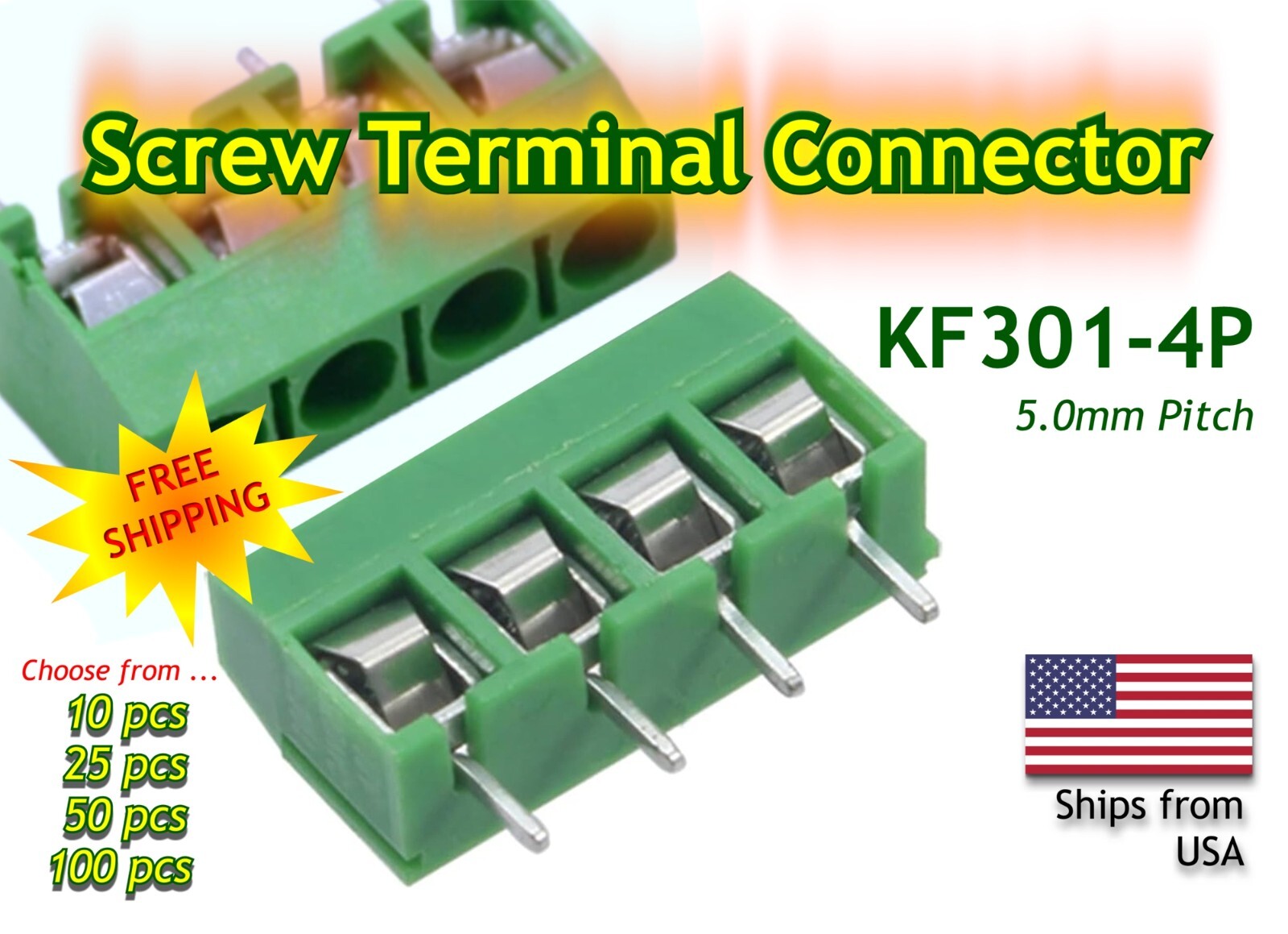 KF301-4P 4 Pole 5mm Pitch PCB Mount Screw Terminal Block - GREEN | eBay
