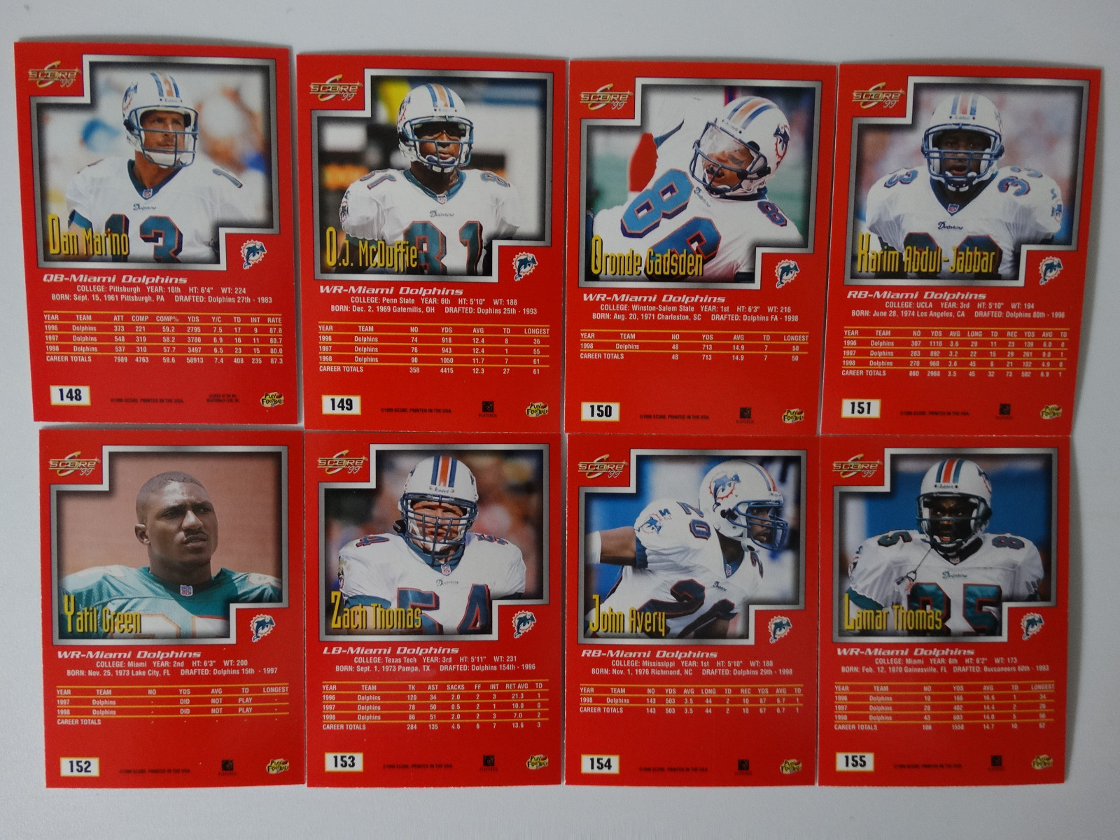 1999 Score Series 1 Miami Dolphins Team Set of 8 Football Cards | eBay