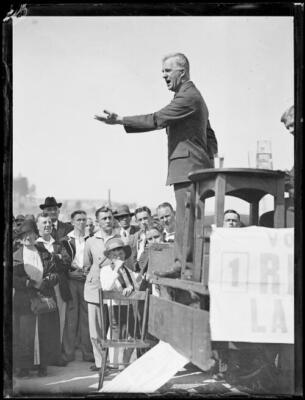Prime Minister James Scullin addressing a crowd from a back tray o- Old ...