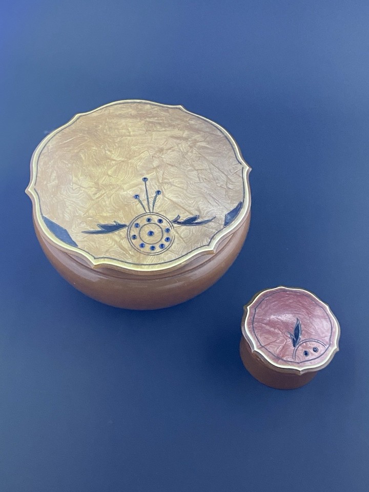 2 Art Deco Celluloid plastic power pill vanity box blue rhinestones ...