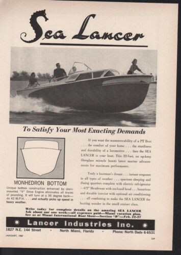 1957 SEA LANCER MIAMI MOTORBOAT SPORT CRUISER MONHEDRON SHIP MARINE AD ...