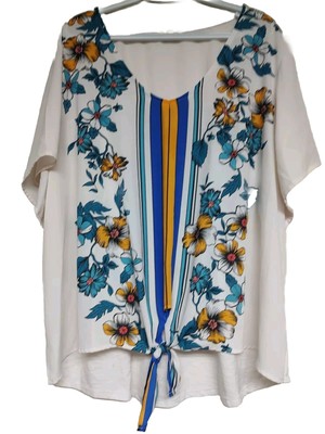 Womens Plus Size 3X Dressy Blouse Top Ivory Blue Floral SLENDERIZING ...
