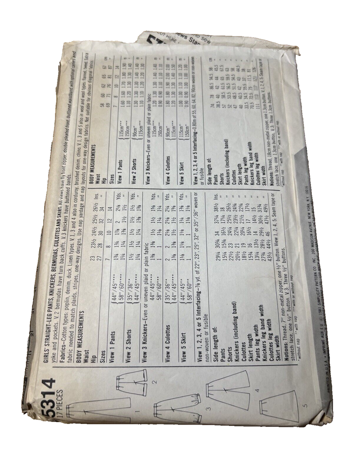 Simplicity 5314 Girls' Pants, Shorts, Knickers, Skirt, and Culottes ...