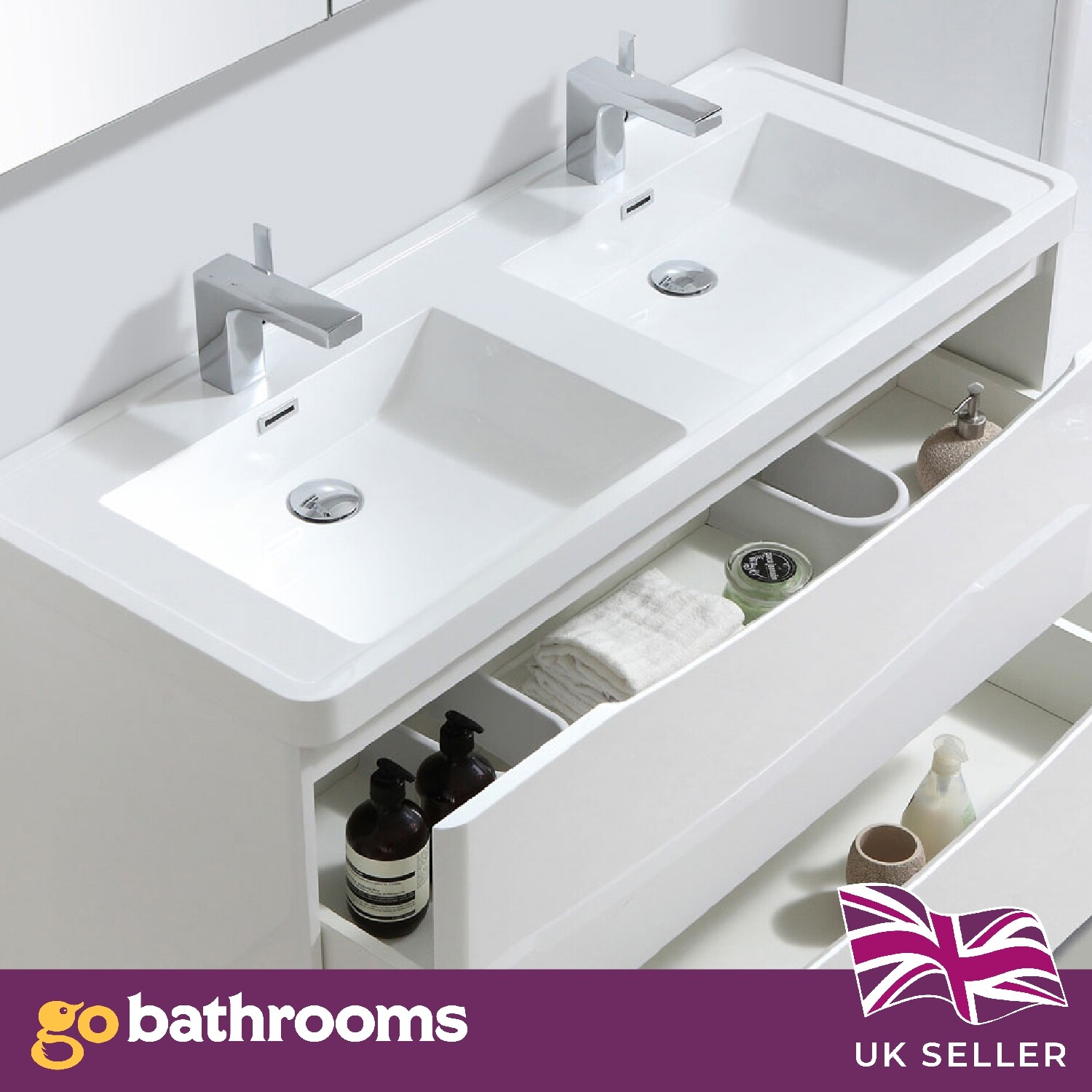 White Vanity Unit & Double Sink Wall Hung Gloss Bathroom Basin Two ...