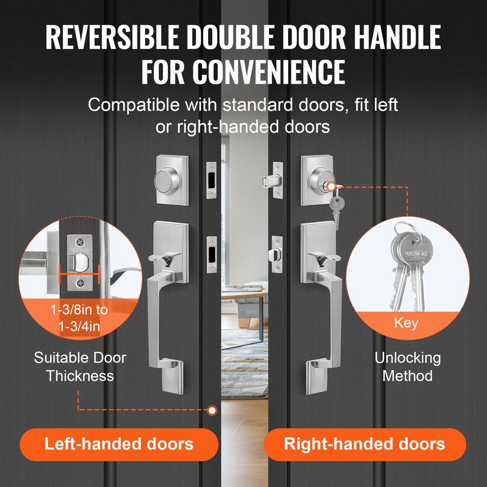 Double Door Handle Set Double Door Lock Set Satin Nickel Square Door ...