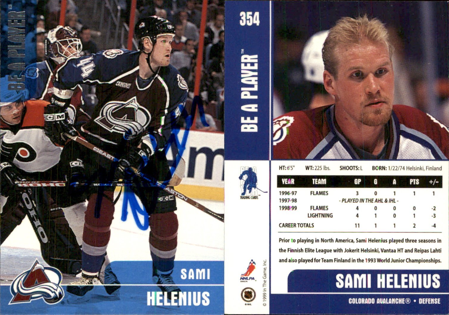 Sami Helenius Signed 1999-00 BAP Memorabilia #354 AU Colorado Avalanche ...