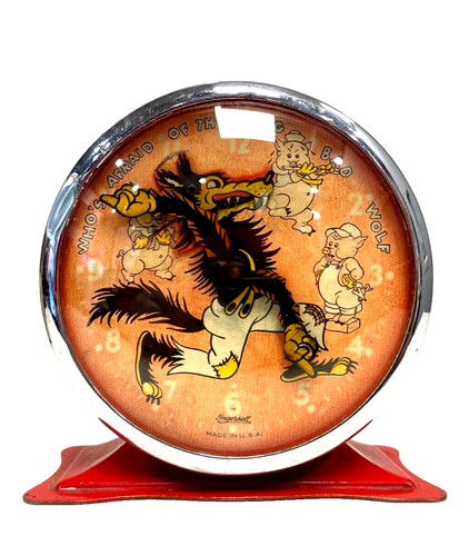 1934 Three Little Pigs & Big Bad Wolf Disney Ingersoll Alarm Clock With ...
