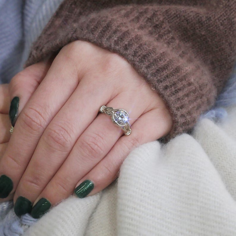 Shiny White Round Natural Moissanite Knot Design Ring In Real 10K White ...