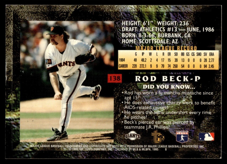1995 Topps Embossed #138 Rod Beck San Francisco Giants | eBay
