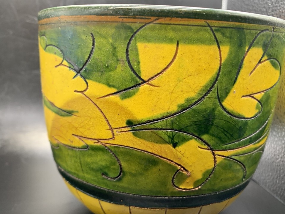 Vintage Ceramic Italy Planter Jardinere Yellow Green Incised Leaves ...