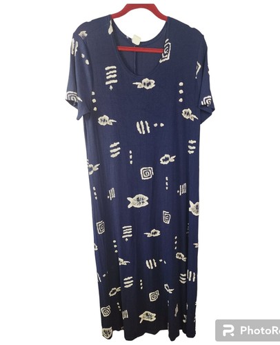 90s Vintage batik fish print navy blue slinky stretch Maxi dress XL ...